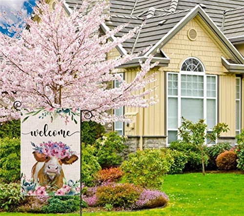 Spring Welcome Cow with Flowers Garden Flag for Outdoor Small Yard Flag for Outside Seasonal Decor for Summer Farmhouse Holiday 12x18 Inch Double Sided