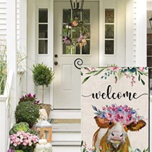 Spring Welcome Cow with Flowers Garden Flag for Outdoor Small Yard Flag for Outside Seasonal Decor for Summer Farmhouse Holiday 12x18 Inch Double Sided