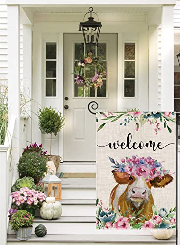 Spring Welcome Cow with Flowers Garden Flag for Outdoor Small Yard Flag for Outside Seasonal Decor for Summer Farmhouse Holiday 12x18 Inch Double Sided