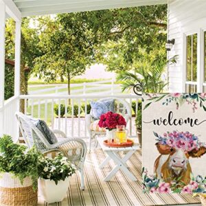 Spring Welcome Cow with Flowers Garden Flag for Outdoor Small Yard Flag for Outside Seasonal Decor for Summer Farmhouse Holiday 12x18 Inch Double Sided