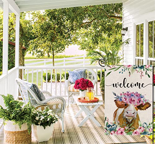 Spring Welcome Cow with Flowers Garden Flag for Outdoor Small Yard Flag for Outside Seasonal Decor for Summer Farmhouse Holiday 12x18 Inch Double Sided