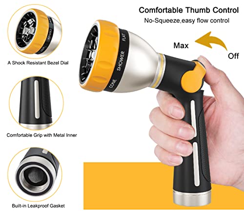 FANHAO Garden Hose Nozzle, 100% Heavy Duty Metal Spray Nozzle with Thumb Control, High Pressure Water Nozzle with 8 Adjustable Spray Patterns for Watering Plants, Washing Cars and Showering Pets