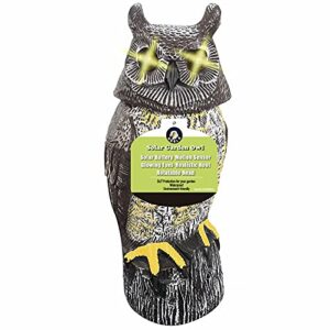 ugold solar powered owl with detection, silent mode, flashing eyes, rotatable head and realistic hoots, plastic owl decoration for home, garden, patio and fence