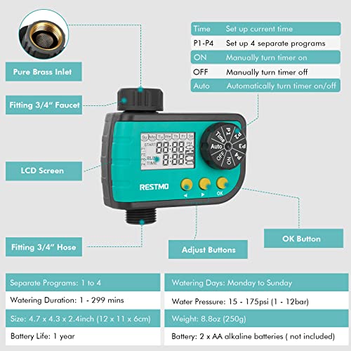 RESTMO Water Timer, 7 Day Programmable Sprinkler Timer, Digital Hose Timer with 4 Separate Program, Ideal for Garden Lawn & Outdoor Plant Watering and Drip Irrigation System, Automatic/Manual Control