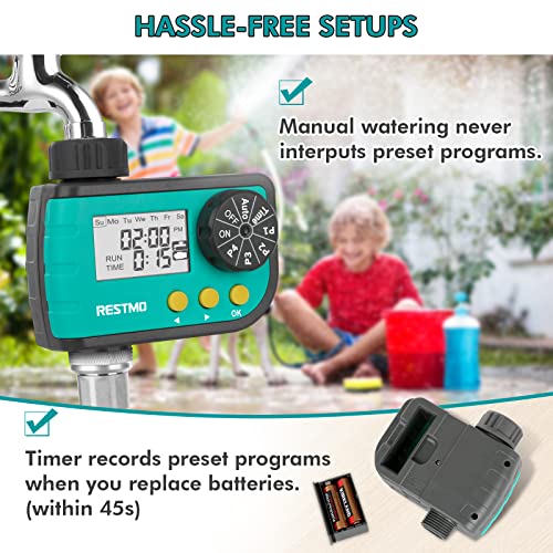 RESTMO Water Timer, 7 Day Programmable Sprinkler Timer, Digital Hose Timer with 4 Separate Program, Ideal for Garden Lawn & Outdoor Plant Watering and Drip Irrigation System, Automatic/Manual Control