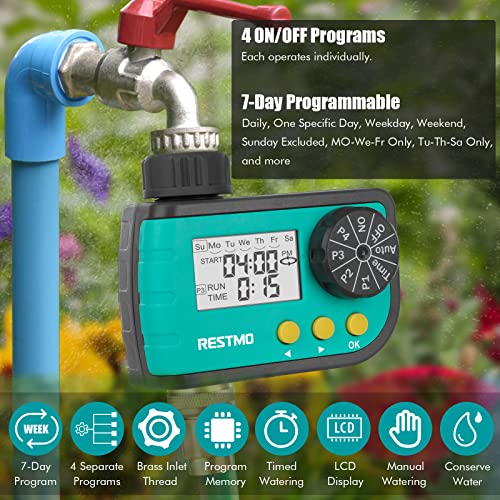 RESTMO Water Timer, 7 Day Programmable Sprinkler Timer, Digital Hose Timer with 4 Separate Program, Ideal for Garden Lawn & Outdoor Plant Watering and Drip Irrigation System, Automatic/Manual Control