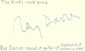 ray davies vocalist the kinks rockmusic autographed signed index card jsa coa