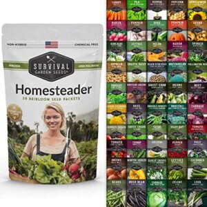 survival garden seeds homesteader seed vault – vegetable herb & flower seed bank – 50 heirloom non-gmo varieties for planting & growing victory gardens – survival food emergency preparedness gear kit