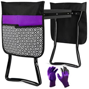 garden kneeler and seat foldable garden stools garden bench with 2 tool pouches & 2 digging gloves, portable garden kneeling pad eva foam pad, garden gifts tools for men women gardener (black&purple)