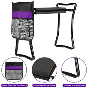 Garden Kneeler and Seat Foldable Garden Stools Garden Bench with 2 Tool Pouches & 2 Digging Gloves, Portable Garden Kneeling Pad EVA Foam Pad, Garden Gifts Tools for Men Women Gardener (Black&Purple)