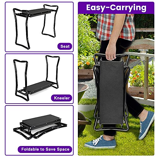 Garden Kneeler and Seat Foldable Garden Stools Garden Bench with 2 Tool Pouches & 2 Digging Gloves, Portable Garden Kneeling Pad EVA Foam Pad, Garden Gifts Tools for Men Women Gardener (Black&Purple)