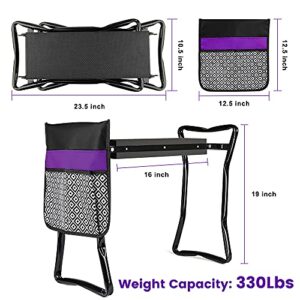 Garden Kneeler and Seat Foldable Garden Stools Garden Bench with 2 Tool Pouches & 2 Digging Gloves, Portable Garden Kneeling Pad EVA Foam Pad, Garden Gifts Tools for Men Women Gardener (Black&Purple)