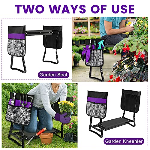 Garden Kneeler and Seat Foldable Garden Stools Garden Bench with 2 Tool Pouches & 2 Digging Gloves, Portable Garden Kneeling Pad EVA Foam Pad, Garden Gifts Tools for Men Women Gardener (Black&Purple)