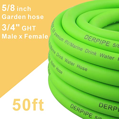 DERPIPE Heavy Duty Garden Hose - 5/8" x 50 ft, Flexible and Kink Resistant RV Safe Drinking Water Hose, with 3/4" GHT Solid Aluminum Connector