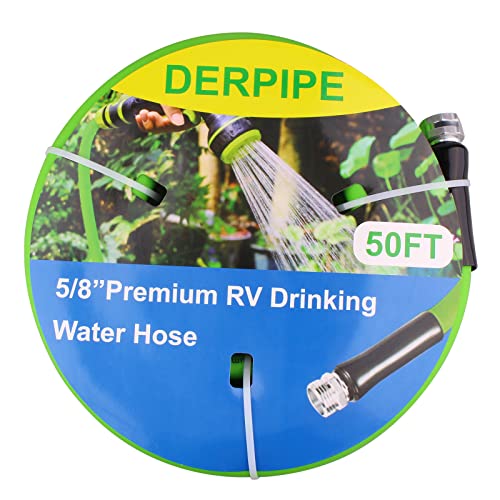 DERPIPE Heavy Duty Garden Hose - 5/8" x 50 ft, Flexible and Kink Resistant RV Safe Drinking Water Hose, with 3/4" GHT Solid Aluminum Connector