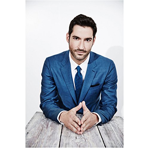 Tom Ellis 8 Inch x 10 Inch PHOTOGRAPH Lucifer (TV Series 2015 - ) Leaning Forward at Wooden Table kn