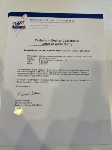 Historic Clayton Kershaw MLB Debut Signed Inscribed Game Used Base Steiner COA - MLB Autographed Game Used Bases