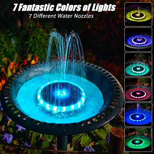 SZMP Solar Fountain Pump for Bird Bath, 4W Solar Powered Fountain Built-in 4000 Battery with 7 Color LED Lights, Outdoor Water Fountain with 7 Nozzle and 4 Fixers for Garden, Patio, Pond, and Pool