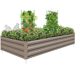 raised garden bed, galvanized raised garden beds outdoor for vegetables flowers herbs, steel planter box with metal fix stakes raised garden bed kit with 2pcs tomato cage and 1pc gloves, brown 8×4×1ft