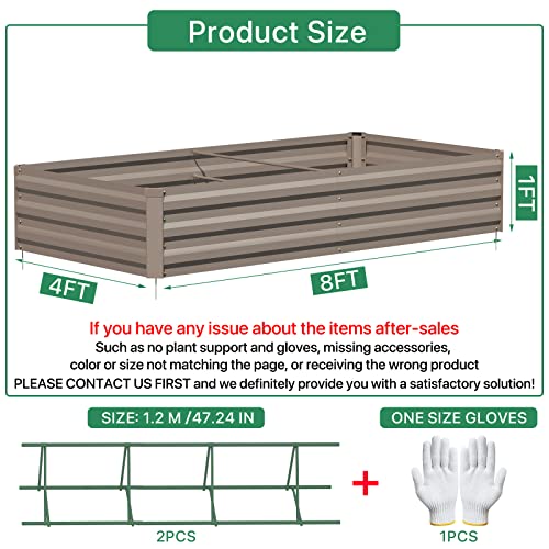 Raised Garden Bed, Galvanized Raised Garden Beds Outdoor for Vegetables Flowers Herbs, Steel Planter Box with Metal Fix Stakes Raised Garden Bed Kit with 2Pcs Tomato Cage and 1Pc Gloves, Brown 8×4×1FT