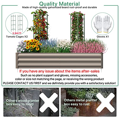 Raised Garden Bed, Galvanized Raised Garden Beds Outdoor for Vegetables Flowers Herbs, Steel Planter Box with Metal Fix Stakes Raised Garden Bed Kit with 2Pcs Tomato Cage and 1Pc Gloves, Brown 8×4×1FT