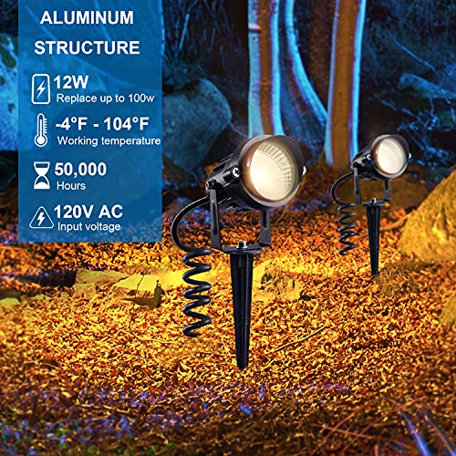 SUNVIE LED Outdoor Spotlight 12W Landscape Lighting 120V AC Waterproof Landscape Lights Spot Lights for Yard with Spiked Stake Warm White Flag Lights Garden Decorative Lamp with US 3-Plug in (6 Pack)