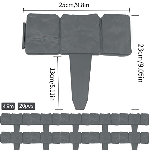 Garden Edging Border, Garden Landscape Edging Borders for Flower Bed, Gray Stone Effect Plastic Lawn Edging Fencing | No Dig Landscape Edging | 20 Pcs | 16 Ft | (Gray)