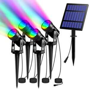 t-sun rgb solar spotlights outdoor, 5w solar lights with 4 pack headlights, ip65 waterproof color changing spot lights outdoor security wall lights for garden, yard, driveway, pool area(rgb)