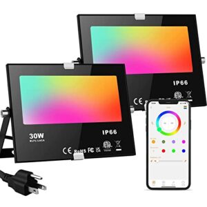 led flood lights rgb color changing 300w equivalent outdoor, 30w bluetooth smart floodlights app control, ip66 waterproof, timing, 2700k&16 million colors 23 modes for landscape stage lighting 2 pack