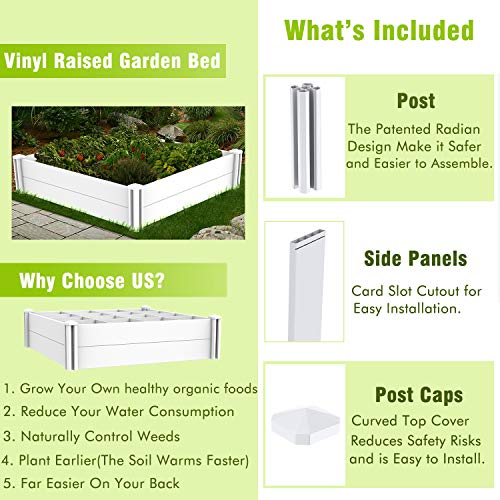 Kdgarden Raised Garden Bed Kit 4'x4' Outdoor Above Ground Planter Box for Growing Vegetables Flowers Herbs, DIY Gardening, Whelping Pen and More, Screwless White Vinyl Garden Bed with Grid