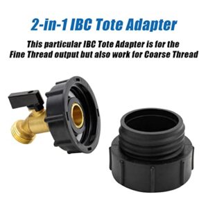 KAKSEY IBC Tote Fittings, IBC Tank Adapter 2" Fine Thread (NPT Fine Adapter x Coarse Thread) + Lead-Free 3/4" Brass Hose Faucet Valve with Butterfly Valve for Garden Hose Connector