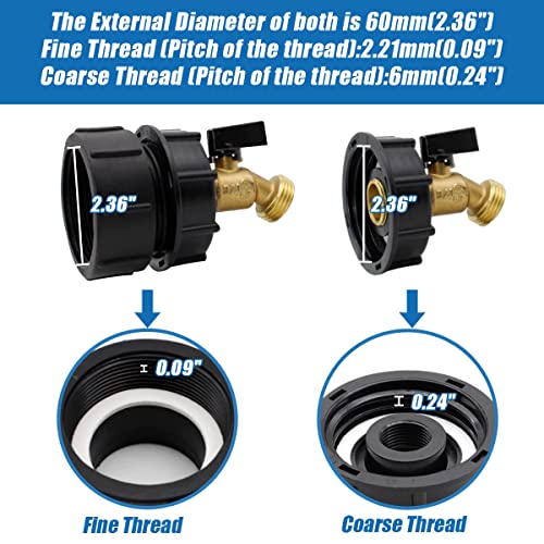 KAKSEY IBC Tote Fittings, IBC Tank Adapter 2" Fine Thread (NPT Fine Adapter x Coarse Thread) + Lead-Free 3/4" Brass Hose Faucet Valve with Butterfly Valve for Garden Hose Connector