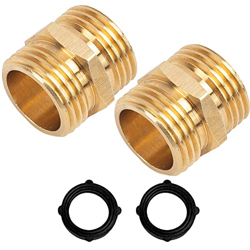 Hourleey Garden Hose Adapter, 3/4 Inch Solid Brass Hose Connectors, 2 Pack Hose Connector with 2 Extra Washers (Male to Male)