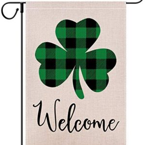 HUGSVIK Burlap St. Patrick's Day Garden Flag 12 x 18, Rustic Shamrock St. Patrick’s Decorations Outdoor Flag, Double-sided Lucky Clovers Welcome Garden Flag for St. Patrick’s Day Summer Yard Garden