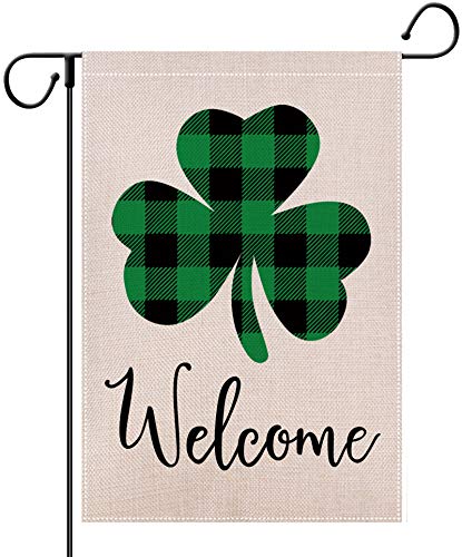 HUGSVIK Burlap St. Patrick's Day Garden Flag 12 x 18, Rustic Shamrock St. Patrick’s Decorations Outdoor Flag, Double-sided Lucky Clovers Welcome Garden Flag for St. Patrick’s Day Summer Yard Garden