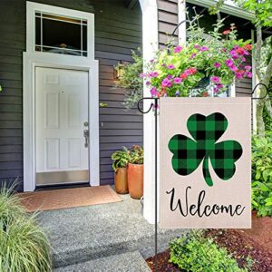 HUGSVIK Burlap St. Patrick's Day Garden Flag 12 x 18, Rustic Shamrock St. Patrick’s Decorations Outdoor Flag, Double-sided Lucky Clovers Welcome Garden Flag for St. Patrick’s Day Summer Yard Garden