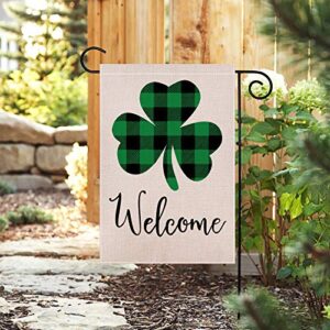 HUGSVIK Burlap St. Patrick's Day Garden Flag 12 x 18, Rustic Shamrock St. Patrick’s Decorations Outdoor Flag, Double-sided Lucky Clovers Welcome Garden Flag for St. Patrick’s Day Summer Yard Garden