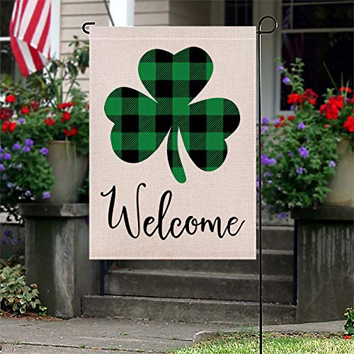 HUGSVIK Burlap St. Patrick's Day Garden Flag 12 x 18, Rustic Shamrock St. Patrick’s Decorations Outdoor Flag, Double-sided Lucky Clovers Welcome Garden Flag for St. Patrick’s Day Summer Yard Garden