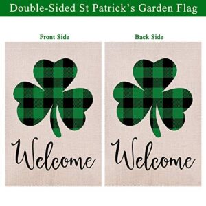 HUGSVIK Burlap St. Patrick's Day Garden Flag 12 x 18, Rustic Shamrock St. Patrick’s Decorations Outdoor Flag, Double-sided Lucky Clovers Welcome Garden Flag for St. Patrick’s Day Summer Yard Garden