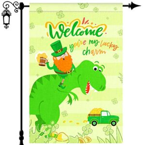 st patricks day garden flag, 12×18” double sided welcome spring garden flag with 300d oxford cloth yard flag,opawel green dinosaur irish st patricks day flag, shamrocks st patricks decor accessories