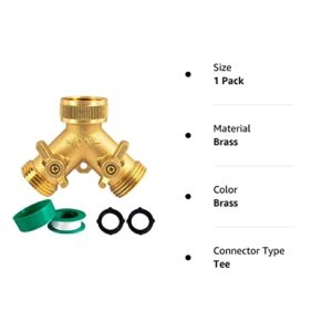 Hourleey Brass Garden Hose Splitter (2 Way), Solid Brass Hose Y Splitter 2 Valves with 2 Extra Rubber Washers (Brass)