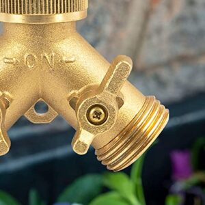 Hourleey Brass Garden Hose Splitter (2 Way), Solid Brass Hose Y Splitter 2 Valves with 2 Extra Rubber Washers (Brass)