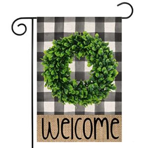 welcome spring garden flag for outside,buffalo plaid boxwood wreath small yard flag, summer seasonal decors for outdoor farmhouse holiday 12×18 double sided