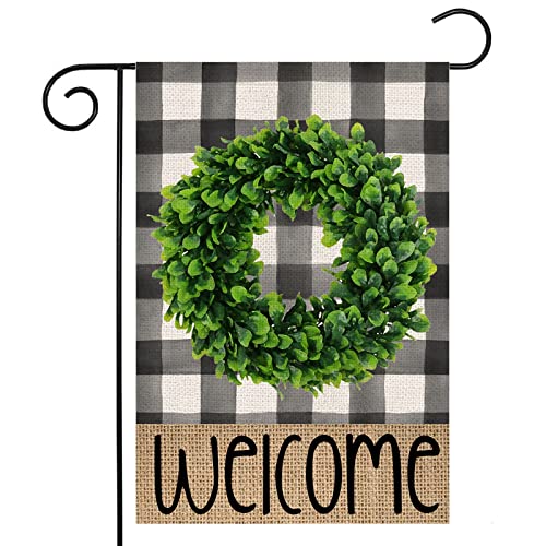 Welcome Spring Garden Flag for Outside,Buffalo Plaid Boxwood Wreath Small Yard Flag, Summer Seasonal Decors for Outdoor Farmhouse Holiday 12x18 Double Sided