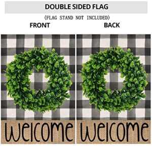 Welcome Spring Garden Flag for Outside,Buffalo Plaid Boxwood Wreath Small Yard Flag, Summer Seasonal Decors for Outdoor Farmhouse Holiday 12x18 Double Sided