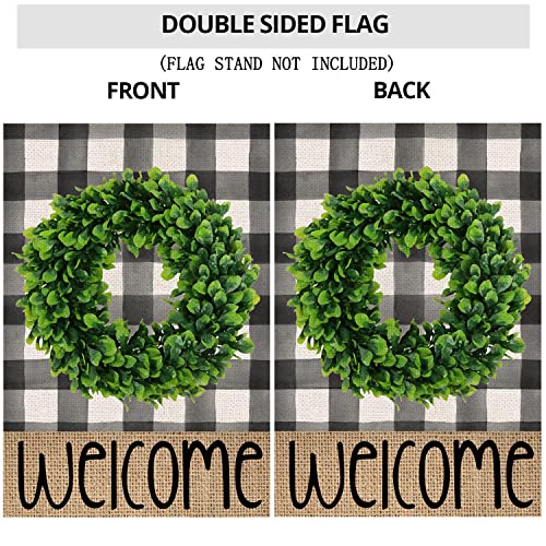 Welcome Spring Garden Flag for Outside,Buffalo Plaid Boxwood Wreath Small Yard Flag, Summer Seasonal Decors for Outdoor Farmhouse Holiday 12x18 Double Sided