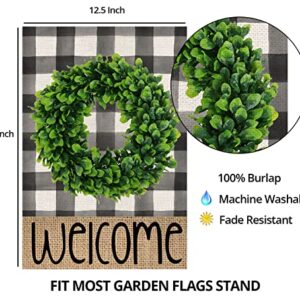 Welcome Spring Garden Flag for Outside,Buffalo Plaid Boxwood Wreath Small Yard Flag, Summer Seasonal Decors for Outdoor Farmhouse Holiday 12x18 Double Sided