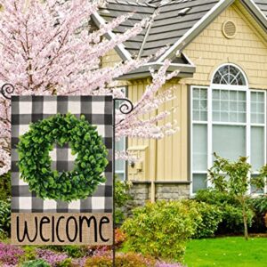 Welcome Spring Garden Flag for Outside,Buffalo Plaid Boxwood Wreath Small Yard Flag, Summer Seasonal Decors for Outdoor Farmhouse Holiday 12x18 Double Sided