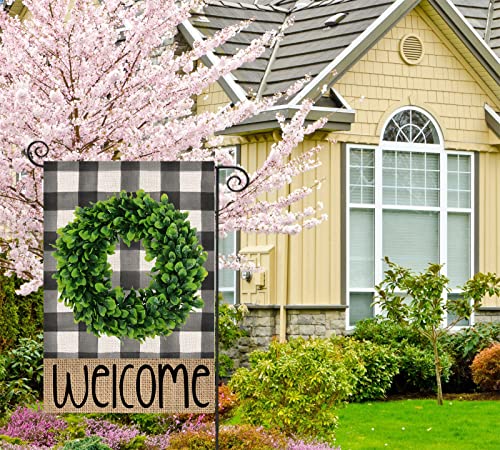 Welcome Spring Garden Flag for Outside,Buffalo Plaid Boxwood Wreath Small Yard Flag, Summer Seasonal Decors for Outdoor Farmhouse Holiday 12x18 Double Sided