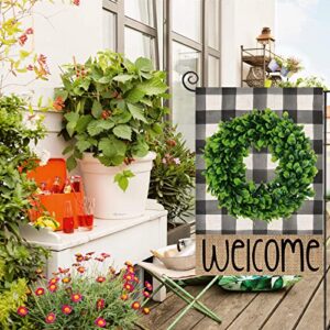 Welcome Spring Garden Flag for Outside,Buffalo Plaid Boxwood Wreath Small Yard Flag, Summer Seasonal Decors for Outdoor Farmhouse Holiday 12x18 Double Sided